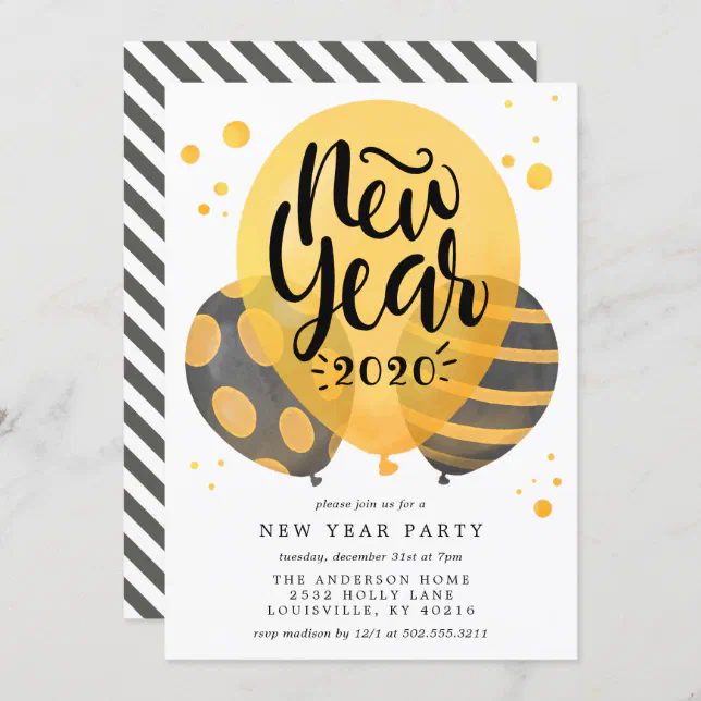 Watercolor Balloons Striped New Year Party Invitation | Zazzle