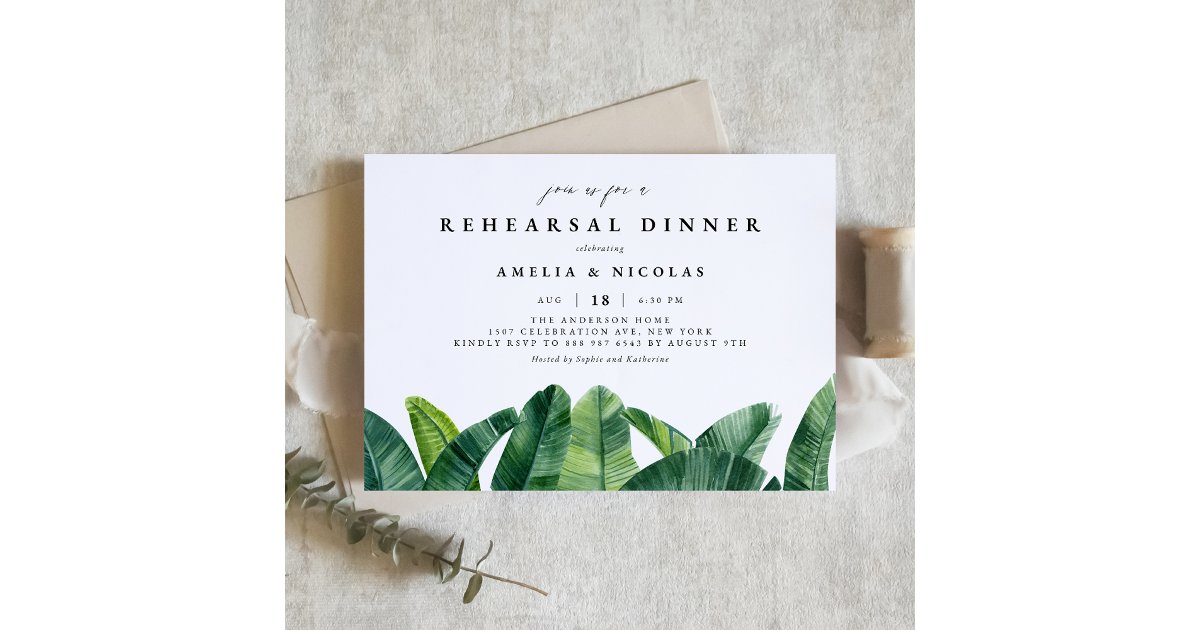 Watercolor Banana Palm Leaves Rehearsal Dinner Invitation | Zazzle