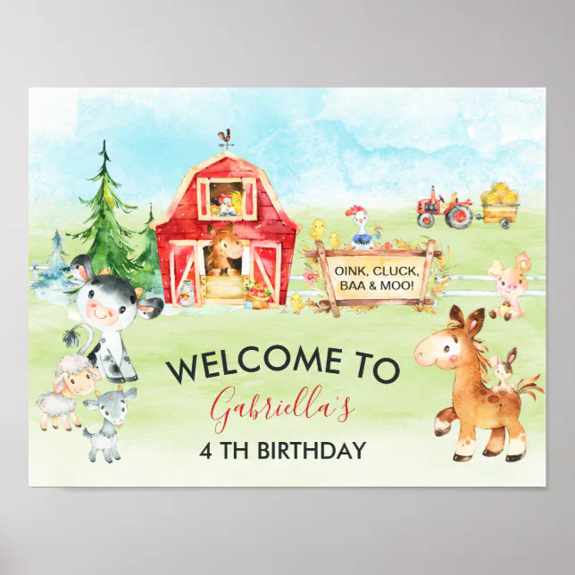 Watercolor Barnyard and Farm Animals Kids Birthday Poster | Zazzle