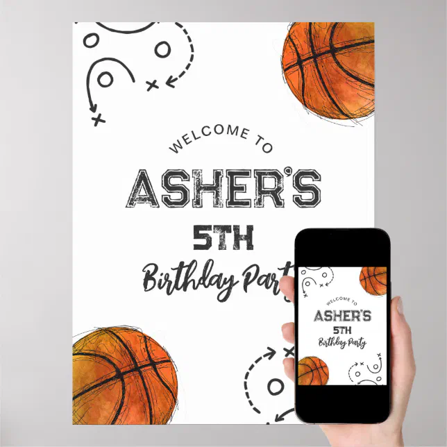 Watercolor Basketball Birthday Welcome Poster | Zazzle