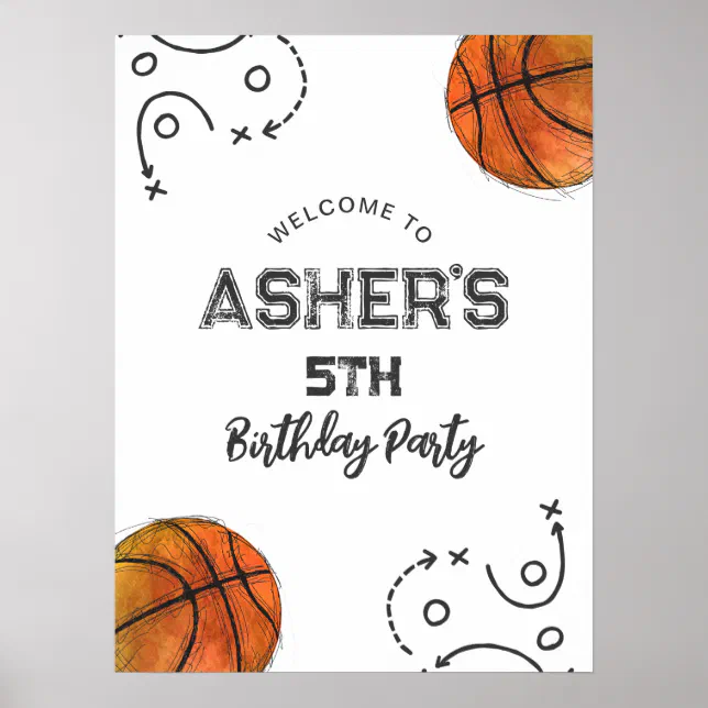 Watercolor Basketball Birthday Welcome Poster | Zazzle