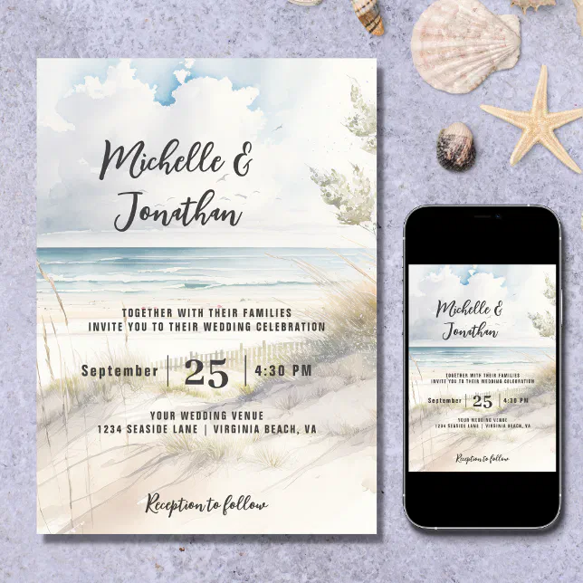 Watercolor Beach Coastal Destination Wedding Invitation | Zazzle