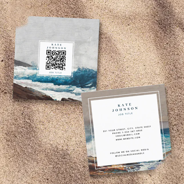 Watercolor Beach Ocean Waves QR Code Social Media Square Business Card ...