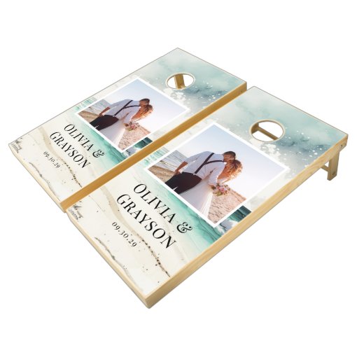 Watercolor Beach Photo Ocean Personalized Wedding Cornhole Set | Zazzle