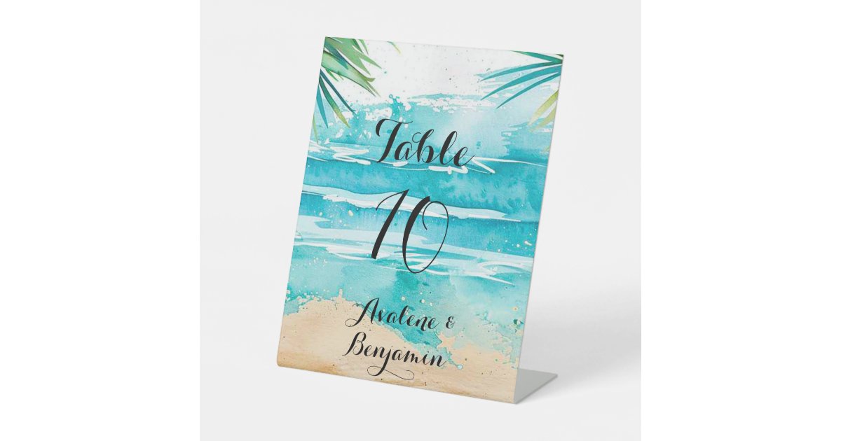 Watercolor Beach Scene Wedding Table Number Pedestal Sign | Zazzle