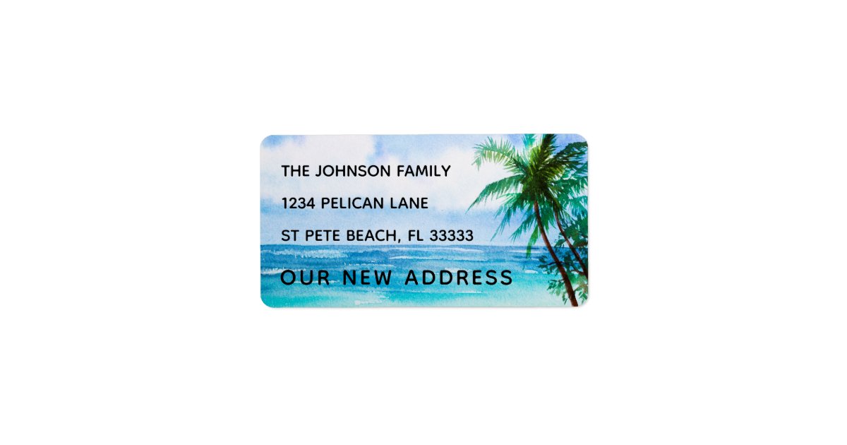 Watercolor Beach Scene with Palm Trees New Address Label | Zazzle