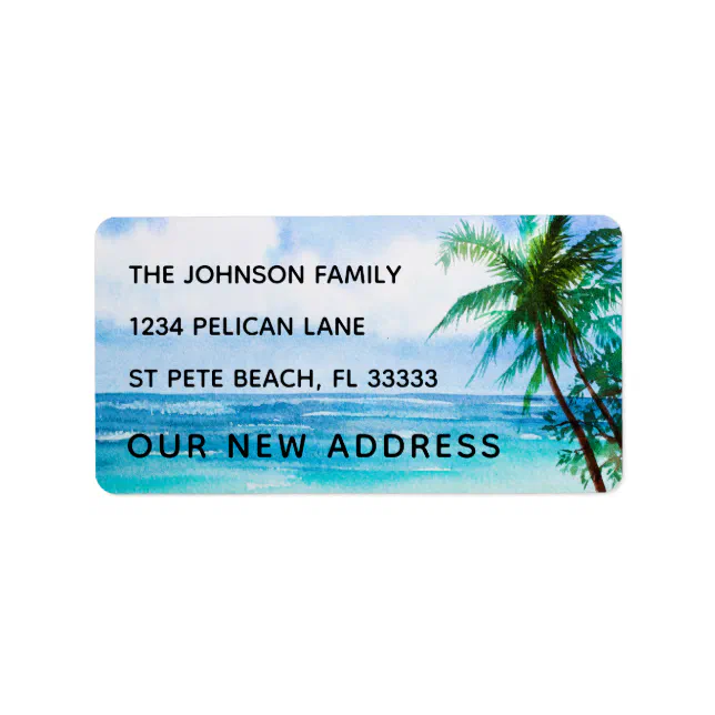Watercolor Beach Scene with Palm Trees New Address Label | Zazzle
