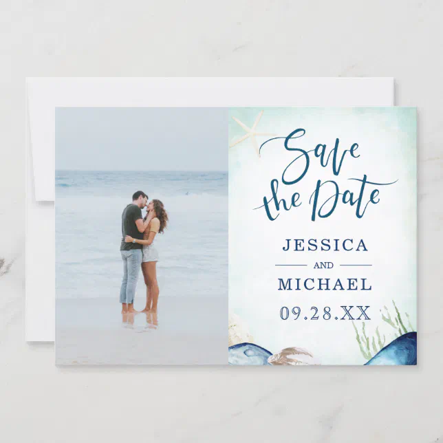 Watercolor Beach Seashell Calligraphy Photo Save The Date | Zazzle