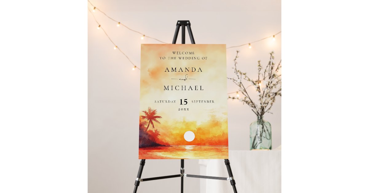 Watercolor Beach Sunset Wedding Welcome Sign | Zazzle