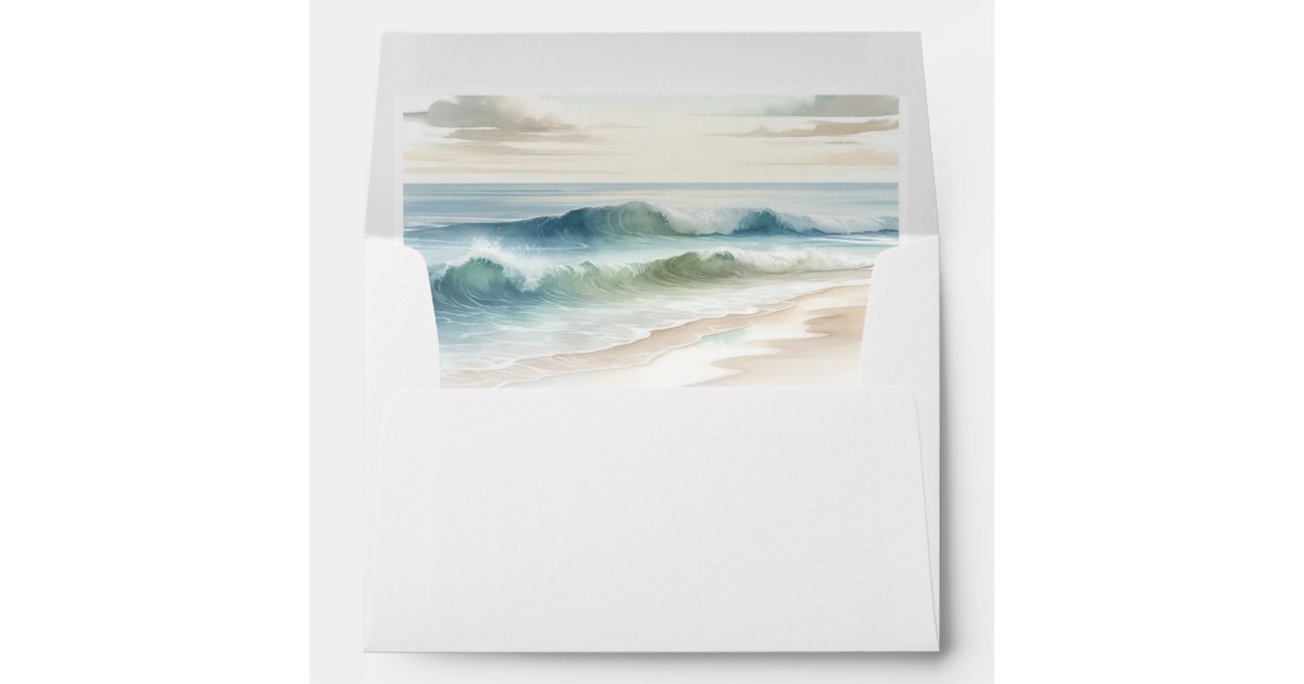 Watercolor Beach Waves Rustic Coastal Wedding Envelope | Zazzle
