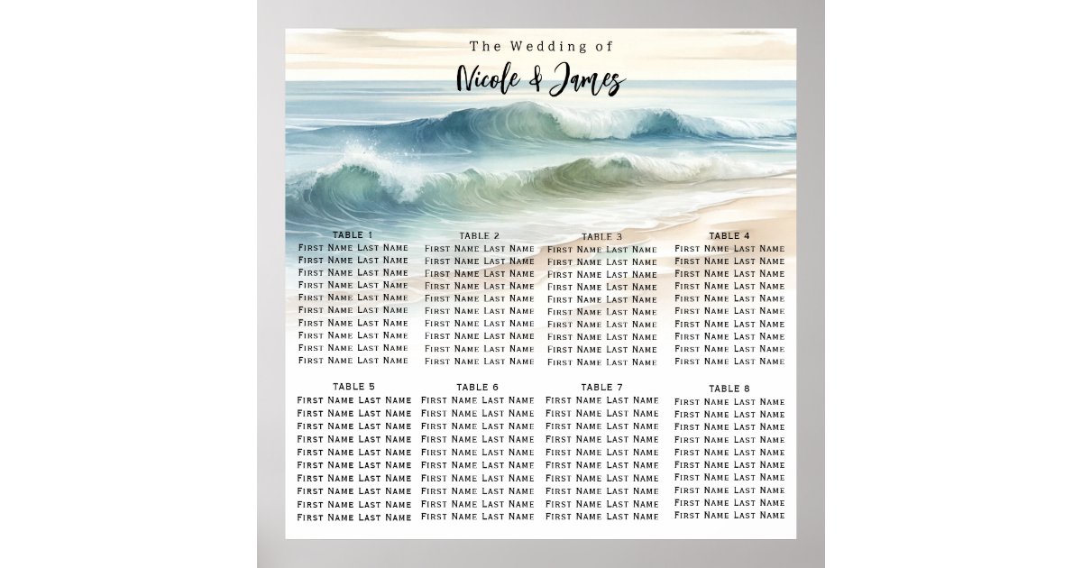 Watercolor Beach Waves Wedding Seating Chart | Zazzle