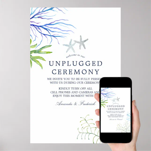 Watercolor Beach Wedding Unplugged Ceremony Poster | Zazzle