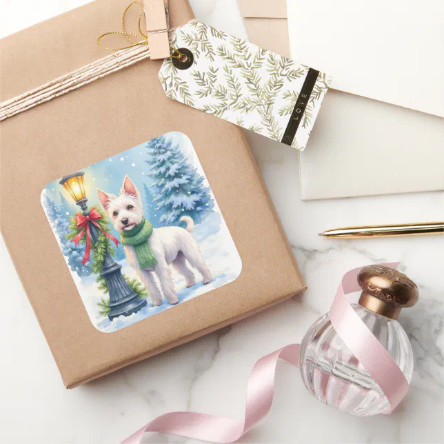 Watercolor Bedlington Terrier Lamppost Christmas Square Sticker | Zazzle