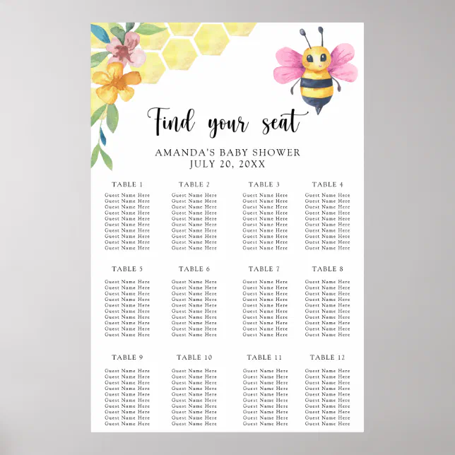 Watercolor bee floral seating chart | Zazzle