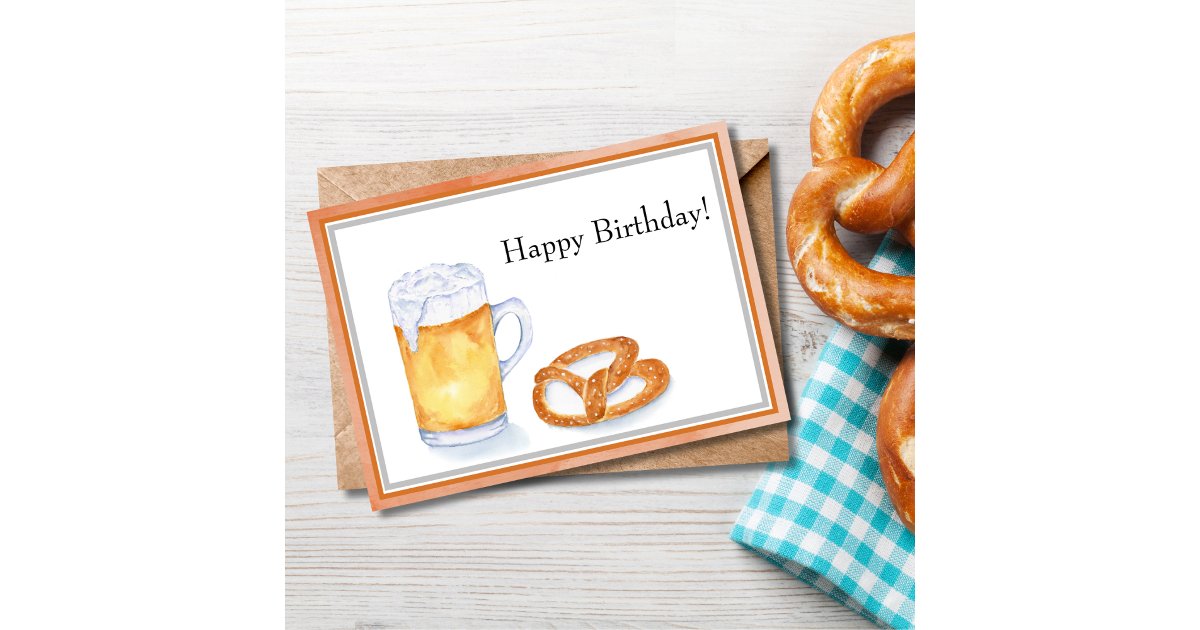 Watercolor Beer & Pretzel Happy Birthday Card | Zazzle