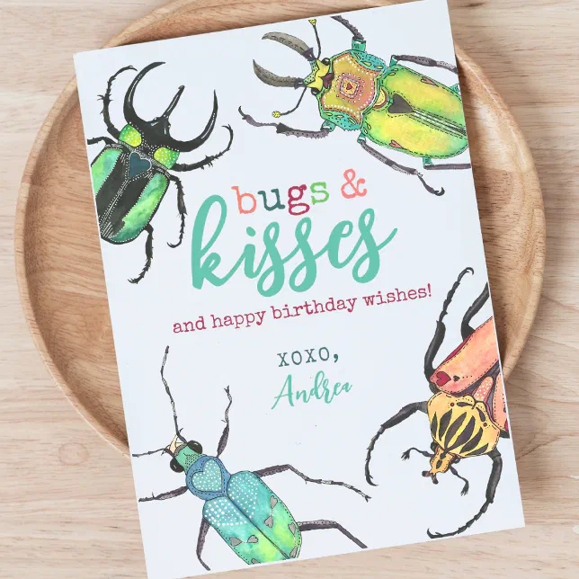 Watercolor Beetles Bugs and Kisses Birthday Card | Zazzle