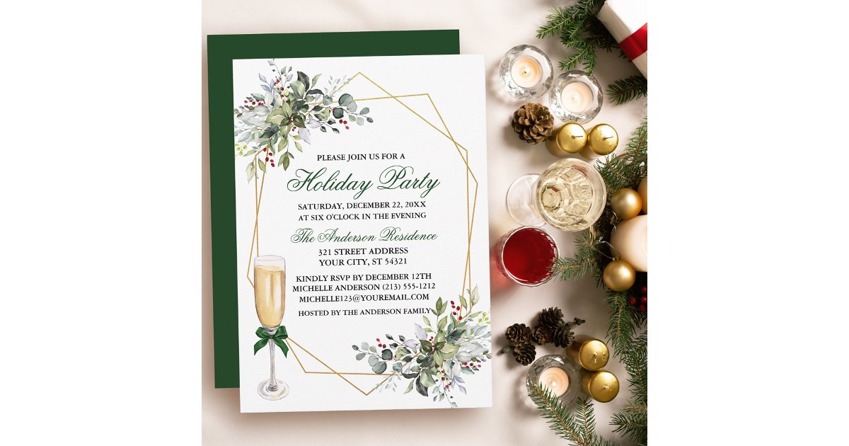Watercolor Berries Greenery Holiday Party Glass Invitation | Zazzle