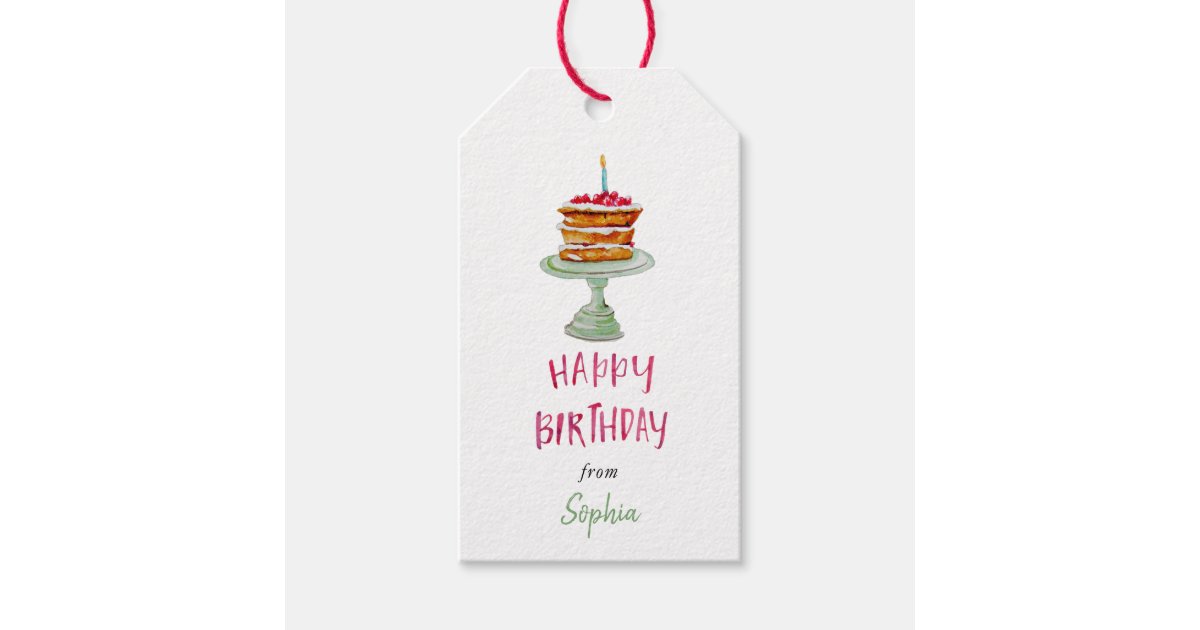 Watercolor Birthday Cake Personalized gift Tags | Zazzle