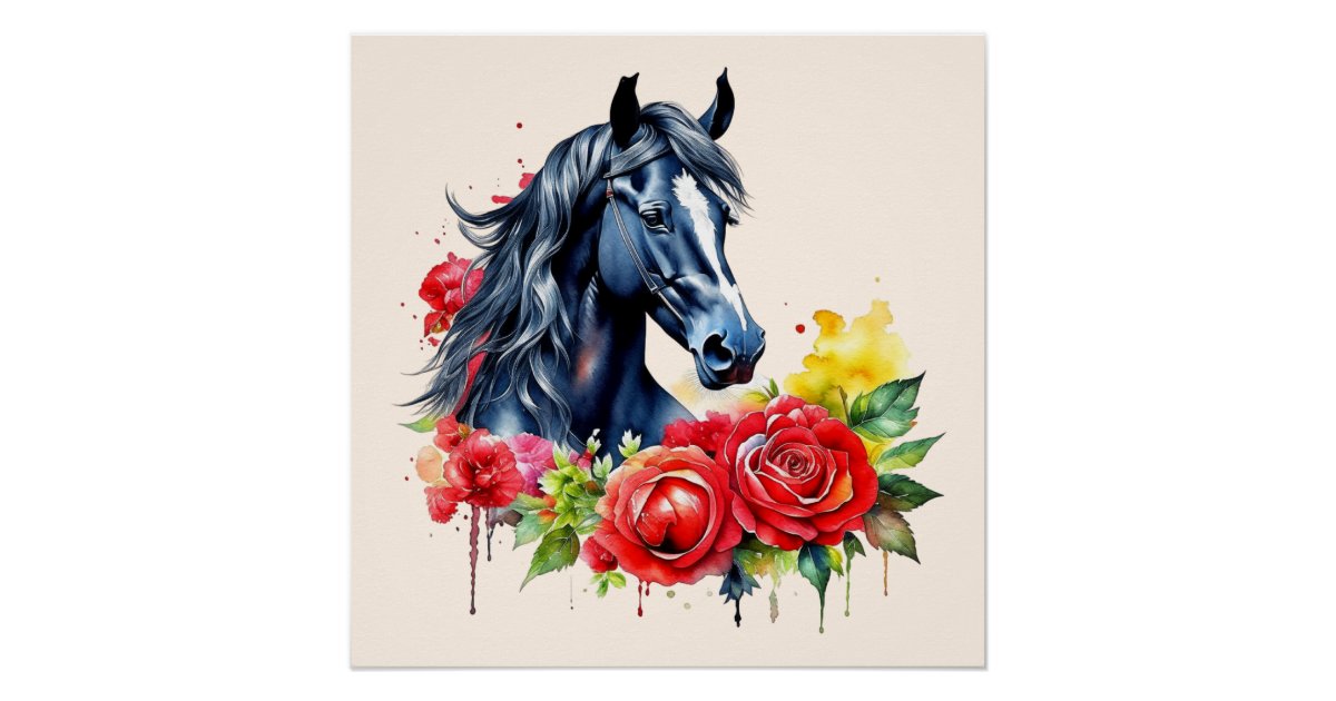 Watercolor Black Horse Red Roses Poster | Zazzle