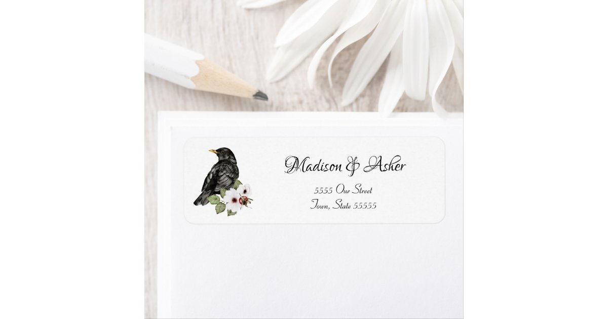 Watercolor Black Raven Elegant Bird Nature Script Label | Zazzle