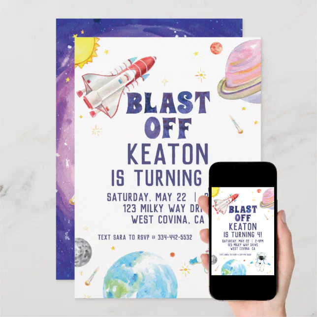 Watercolor Blast Off Space Birthday Invitation | Zazzle