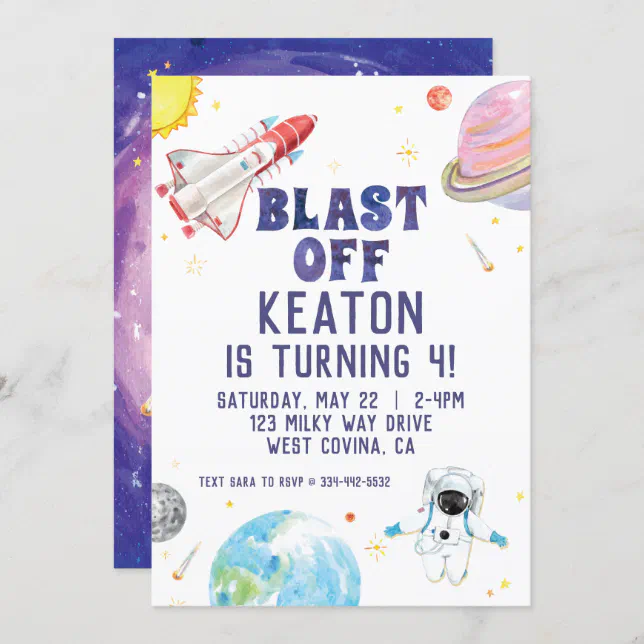 Watercolor Blast Off Space Birthday Invitation | Zazzle