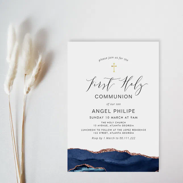watercolor blue agate script first communion invitation | Zazzle