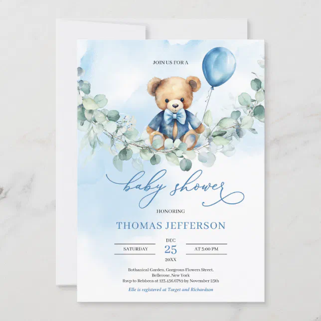 Watercolor blue and brown teddy bear with balloon invitation | Zazzle