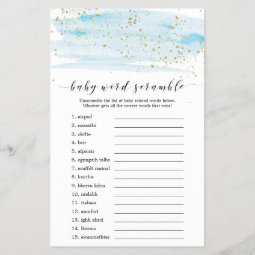 Watercolor Blue and Gold Baby Word Scramble Game | Zazzle