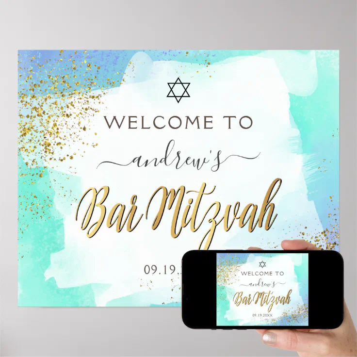 Watercolor Blue And Gold Bar Mitzvah Welcome Poster | Zazzle