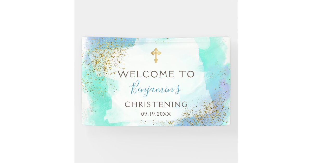 Watercolor Blue And Gold Christening Welcome Banner | Zazzle