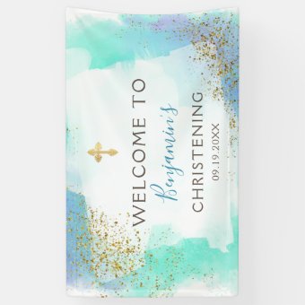 Watercolor Blue And Gold Christening Welcome Banner | Zazzle