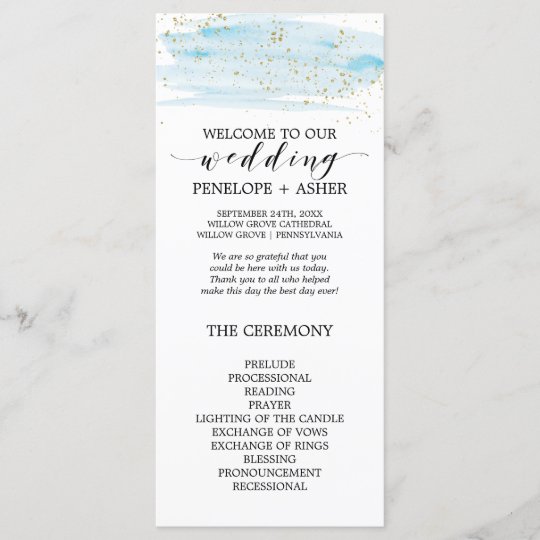 Watercolor Blue and Gold Sparkle Wedding Program | Zazzle.com