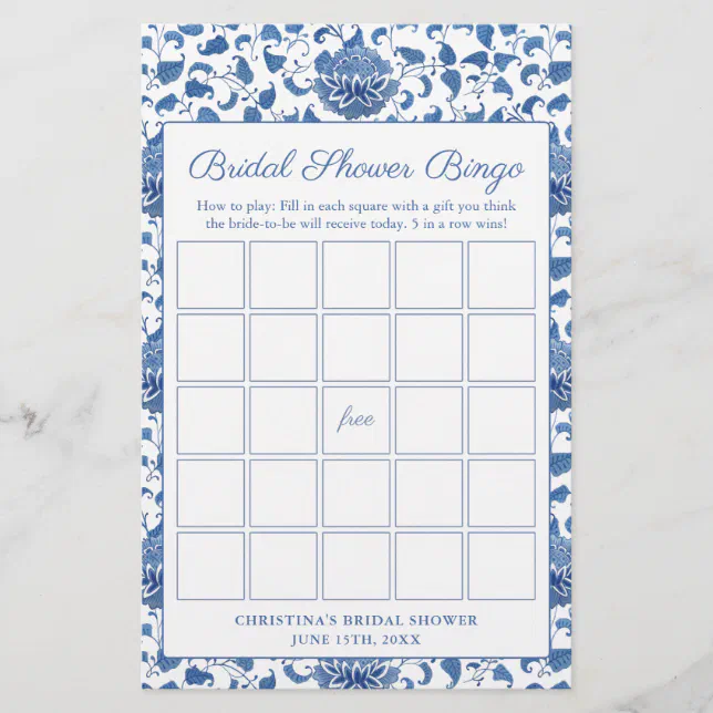 Watercolor Blue And White Bridal Shower Bingo Game | Zazzle