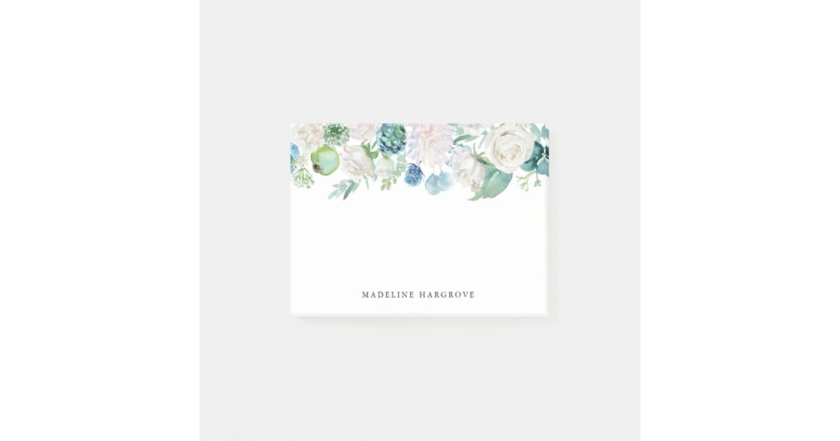 Watercolor Blue and White Floral Personalized Post-it Notes | Zazzle