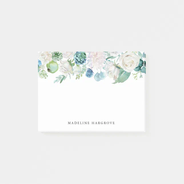 Watercolor Blue and White Floral Personalized Post-it Notes | Zazzle