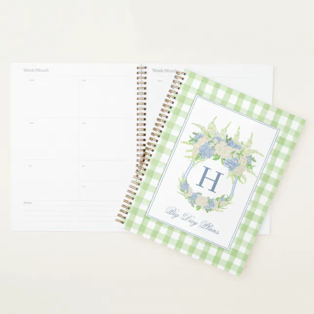 Watercolor Blue and White Hydrangea Crest Gingham Planner | Zazzle