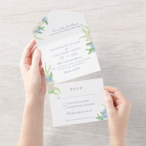 Watercolor Blue and White Hydrangea Crest Wedding All In One Invitation ...