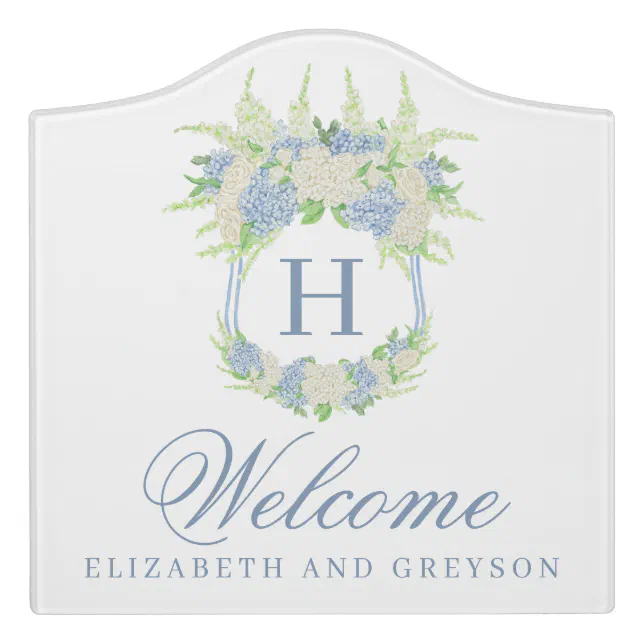 Watercolor Blue and White Hydrangea Crest Wedding Door Sign | Zazzle