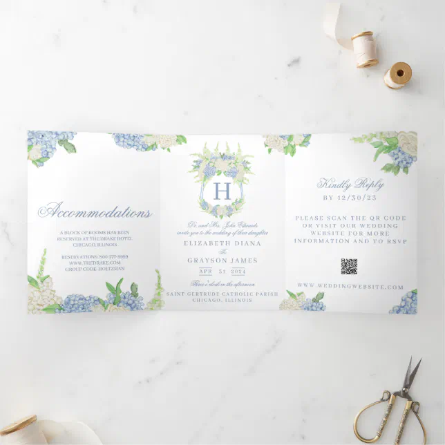 Watercolor Blue and White Hydrangea Crest Wedding Tri-Fold Invitation ...