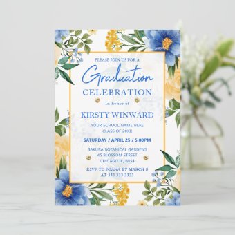 Watercolor Blue and Yellow Flowers Graduation Invitation | Zazzle