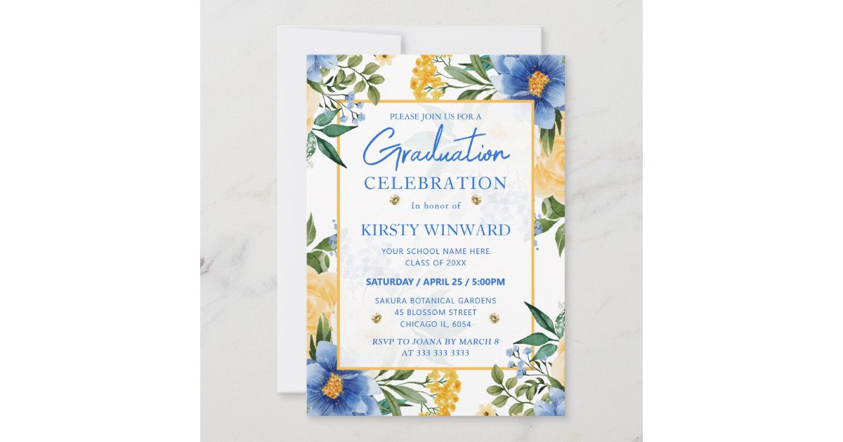 Watercolor Blue and Yellow Flowers Graduation Invitation | Zazzle