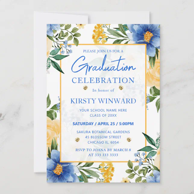 Watercolor Blue and Yellow Flowers Graduation Invitation | Zazzle