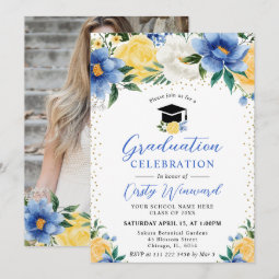 Watercolor Blue and Yellow Flowers Graduation Invitation | Zazzle