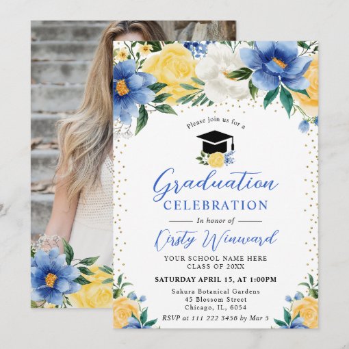 Watercolor Blue and Yellow Flowers Graduation Invitation | Zazzle