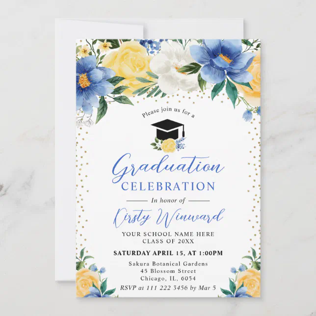 Watercolor Blue and Yellow Flowers Graduation Invitation | Zazzle