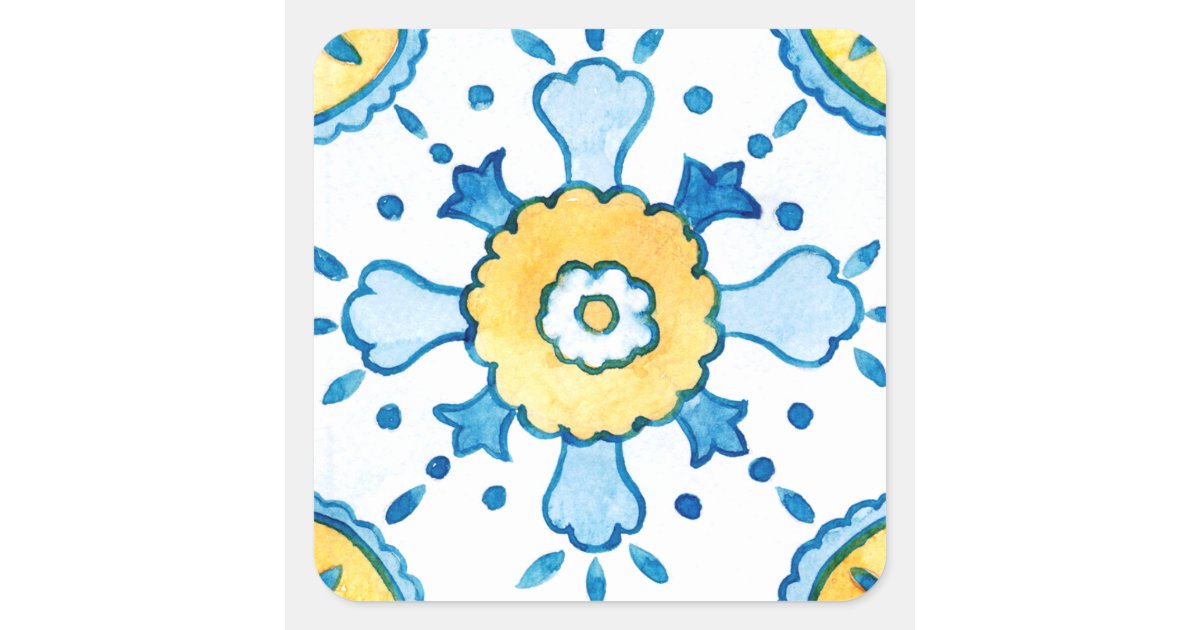 Watercolor Blue and Yellow Moroccan Tile Pattern Square Sticker | Zazzle