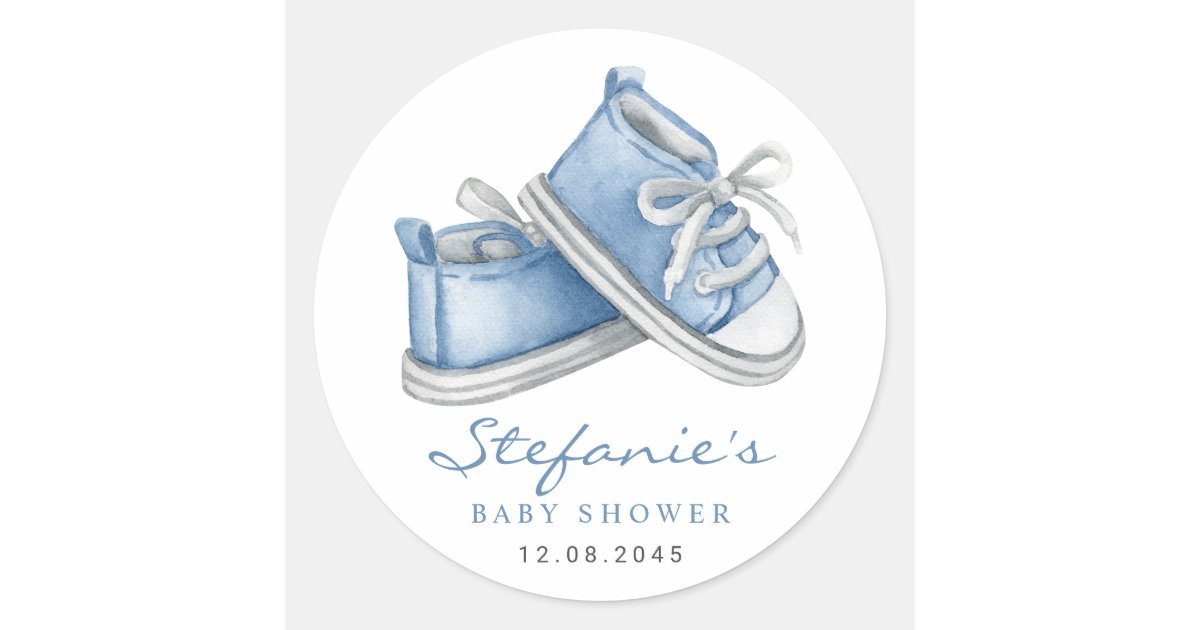 Watercolor Blue Baby Booties Baby Shower Classic Round Sticker | Zazzle