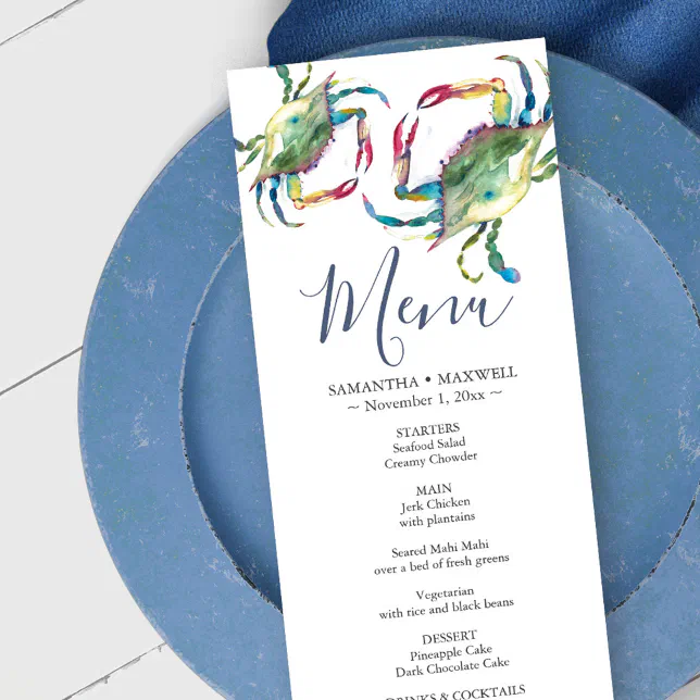 Watercolor Blue Crab Coastal Menu Card | Zazzle