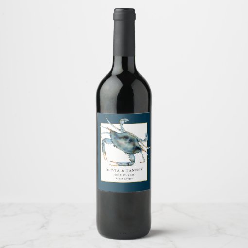 Watercolor Blue Crab Nautical Wedding Wine Label | Zazzle